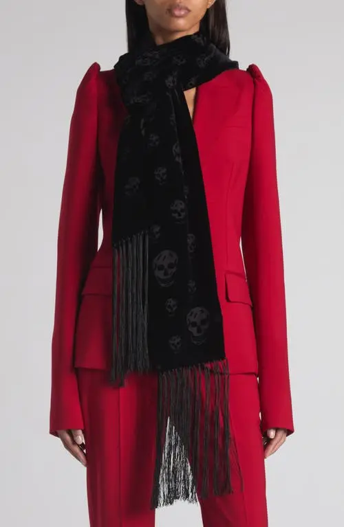 小物 Alexander Mcqueen Skull Fringe Scarf Alexander Mcqueen Skull Jacquard Wool & Silk Fringe Scarf In Black